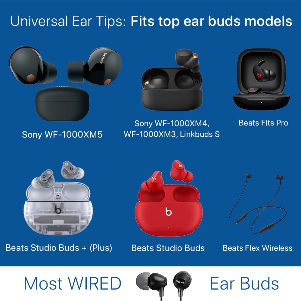 AirFoams Pro Universal Memory Foam Ear Tips w/Silicone Shield Patented for Sony WF-1000XM5, WF-1000XM4, Beat Fit Pro, Beats Studio Buds Plus, Beats Flex. Replacement. Kickstarter. (SML)