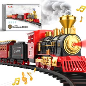 hot bee train set - train toys for boys w/smokes, lights & sound, toy train w/steam locomotive, train carriages & tracks, toddler model trains for 3 4 5 6 7 8+ years old kids birthday gifts