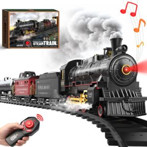 hot bee train set for boys - remote control train toys w/steam locomotive, cargo cars & tracks,trains w/realistic smoke,sounds & lights,christmas train toys for 3 4 5 6 7+ years old kids