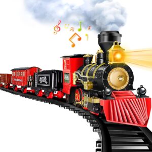 train set - electric train toy with railway kit, smoke, sound, light, cargo cars & tracks, toddler model train set for 3 4 5 6 7 8+ year old kids birthday gifts