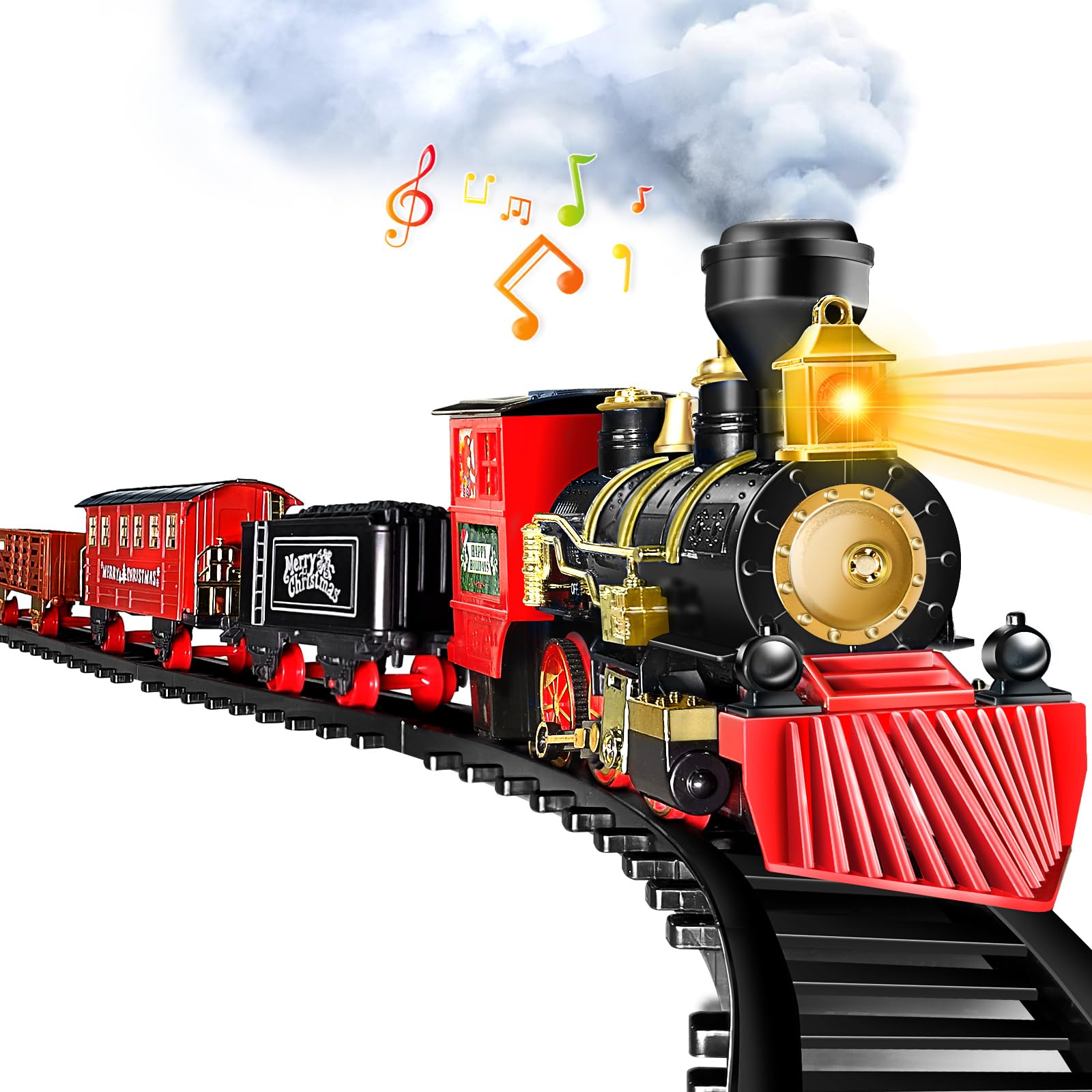 Train Set - Electric Train Toy with Railway Kit, Smoke, Sound, Light, Cargo Cars & Tracks, Toddler Model Train Set for 3 4 5 6 7 8+ Year Old Kids Birthday Gifts