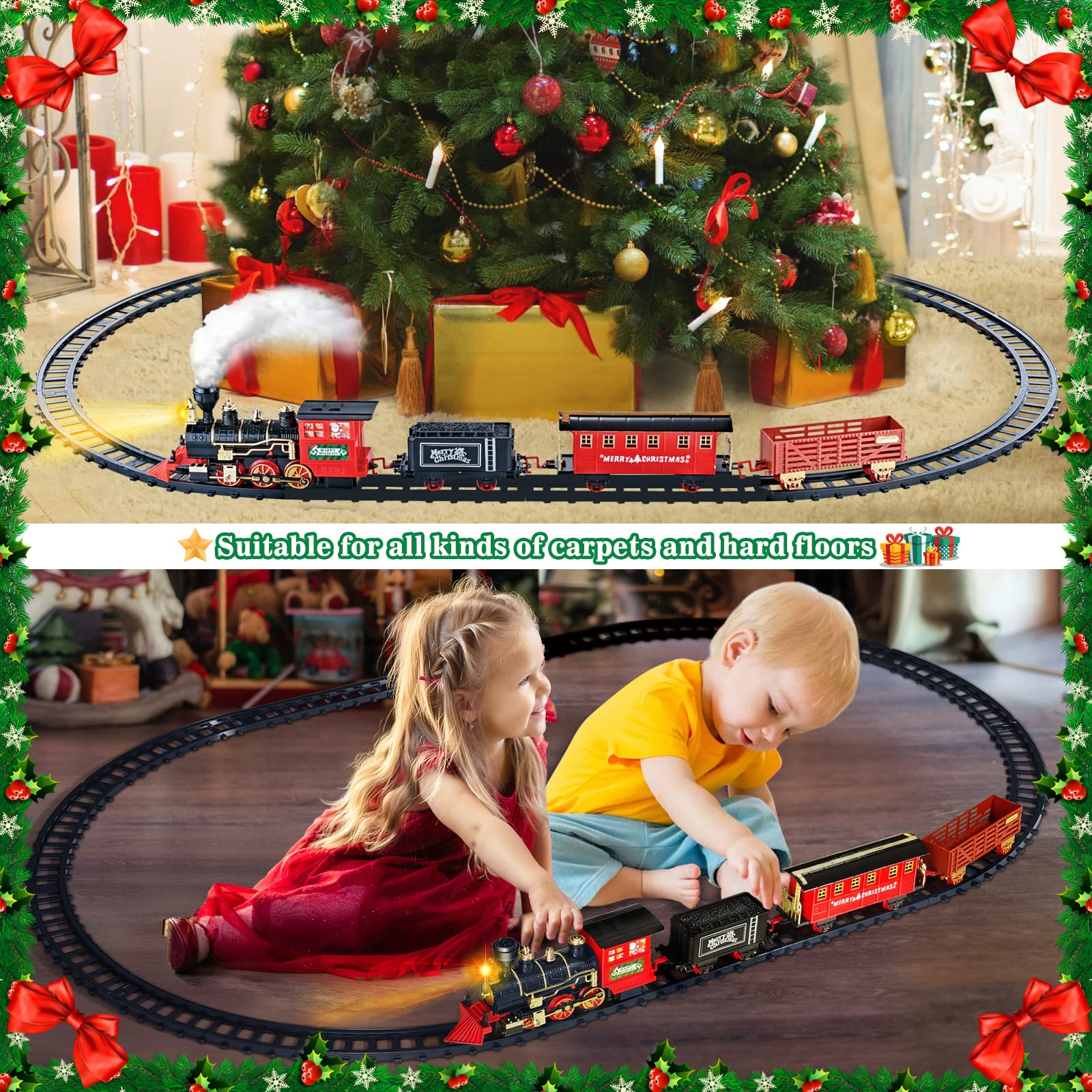 Train Set - Electric Train Toy with Railway Kit, Smoke, Sound, Light, Cargo Cars & Tracks, Toddler Model Train Set for 3 4 5 6 7 8+ Year Old Kids Birthday Gifts