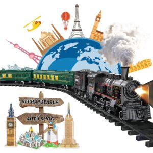 electric train sets for boys girls metal alloy christmas trains toys steam locomotive, passenger carriages, tracks, light & sounds rechargeable birthday gifts for kids 3 4 5 6 7 8 + years old green