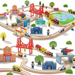 tiny land train set 110pcs wooden train set, toy train for boys & girls with wooden train track, wooden toys for 3-7 years old toddlers & kids, railway set christmas toys for kids