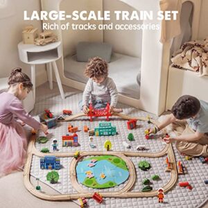 Tiny Land Train Set 110pcs Wooden Train Set, Toy Train for Boys & Girls with Wooden Train Track, Wooden Toys for 3-7 Years Old Toddlers & Kids, Railway Set Christmas Toys for Kids