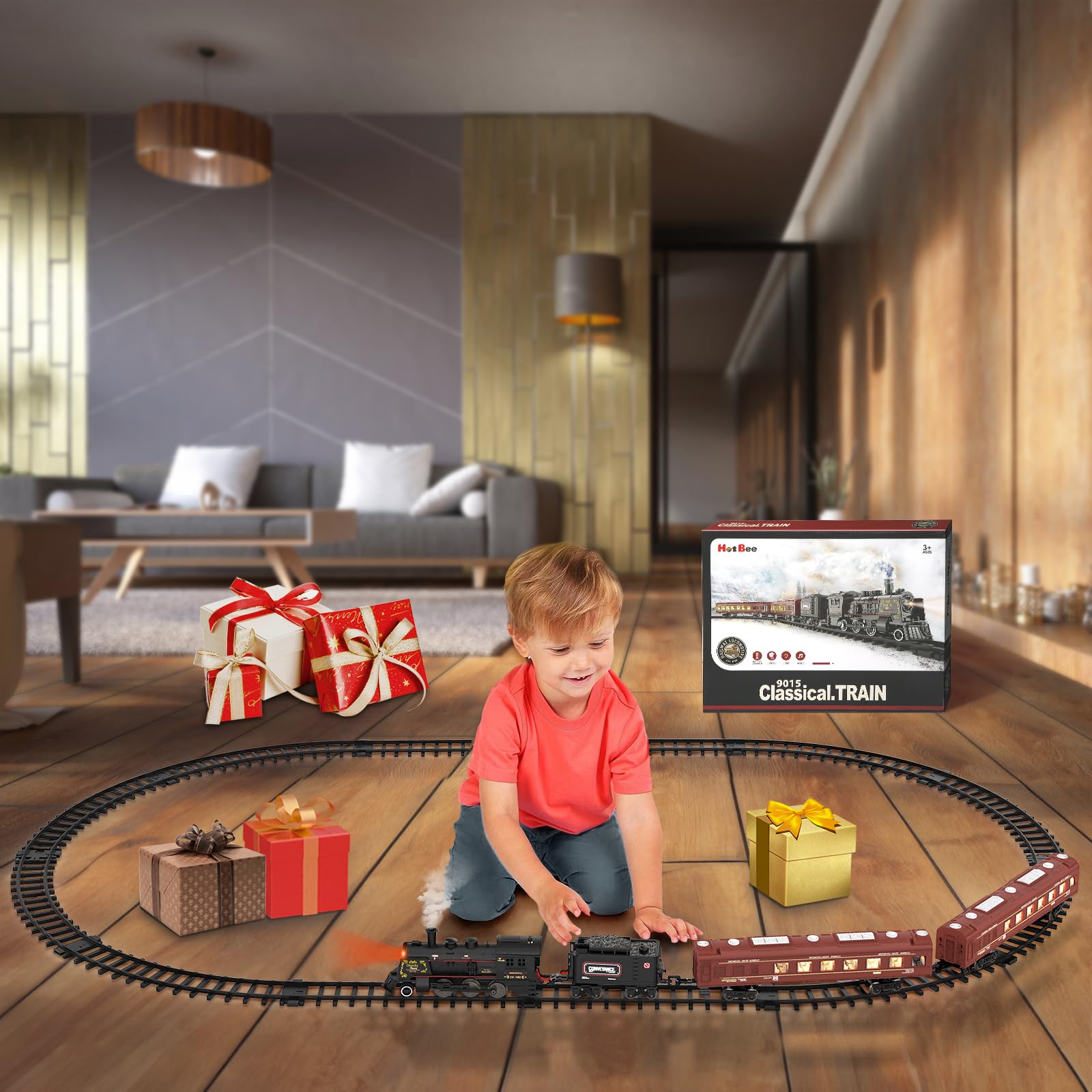 Hot Bee Train Set - Model Train Toys w/Glowing Passenger Carriages, Steam Locomotive & Tracks, Metal Electric Trains w/Smoke, Sound & Light, Toy Train for 3 4 5 6 7+ Years Old Boys Birthday Gifts