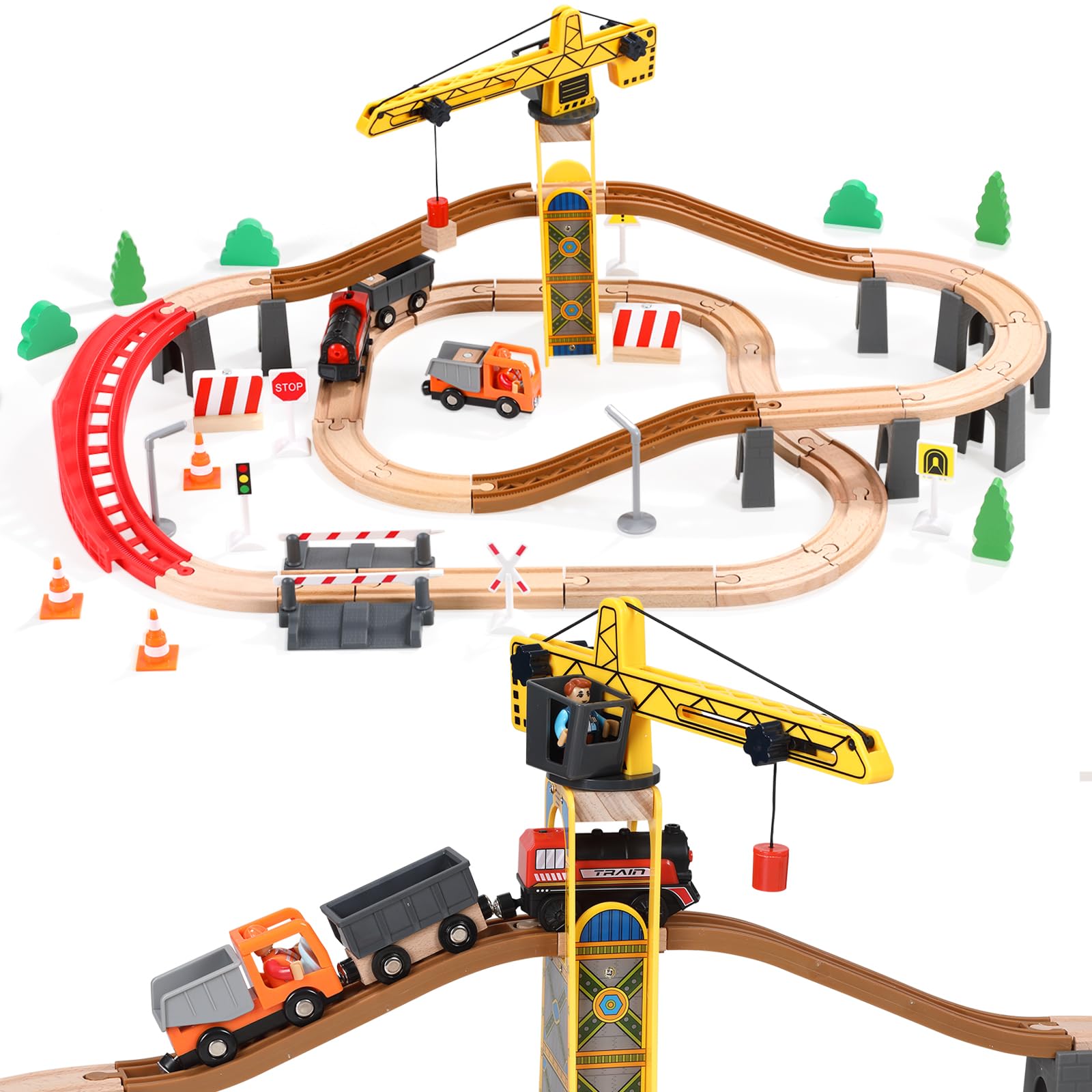 Giant bean 72PCS Tower Crane Wooden Train Set, Toy Battery Operated Train Track for Boys and Girls 3-7, Fit Thomas The Train, Brio, Melissa & Doug