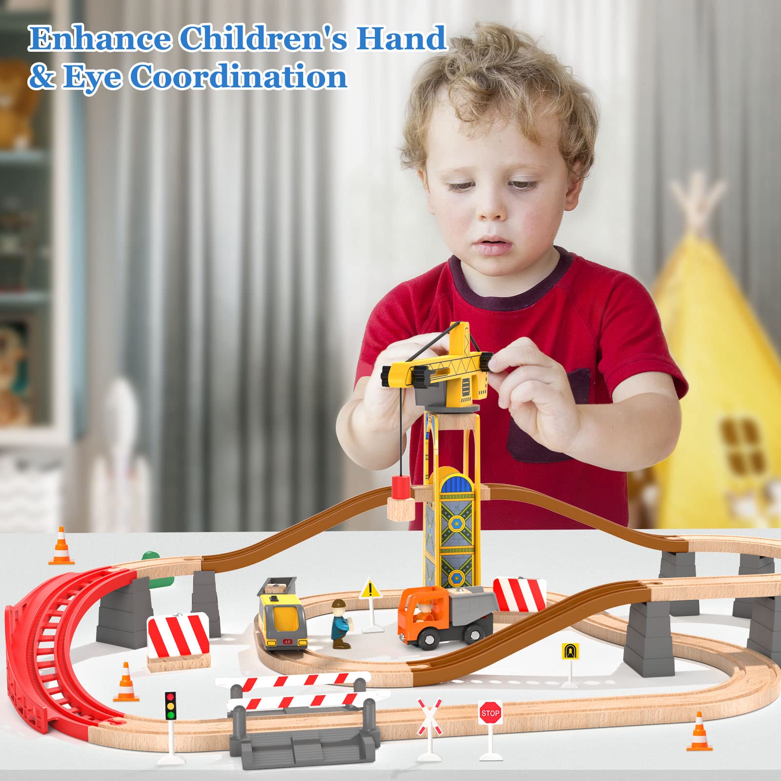 Giant bean 72PCS Tower Crane Wooden Train Set, Toy Battery Operated Train Track for Boys and Girls 3-7, Fit Thomas The Train, Brio, Melissa & Doug