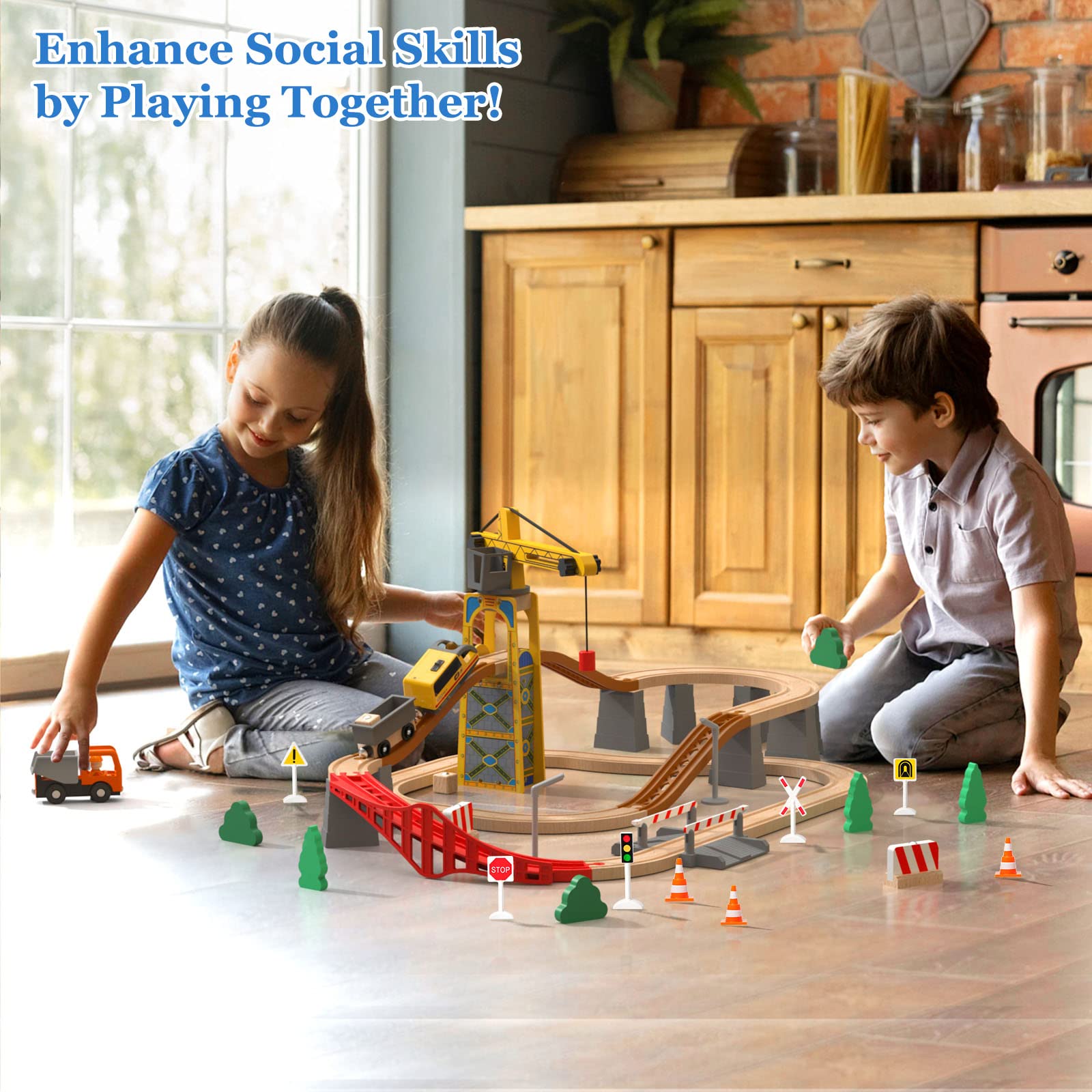 Giant bean 72PCS Tower Crane Wooden Train Set, Toy Battery Operated Train Track for Boys and Girls 3-7, Fit Thomas The Train, Brio, Melissa & Doug