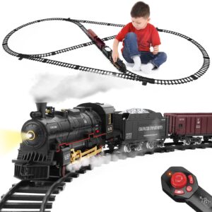 joneala train set with remote control,electric train track around christmas tree w/cargo vehicle,light & sounds,alloy steam locomotive engine train toy gift for boys girls 4 5 6 7 8 9 10