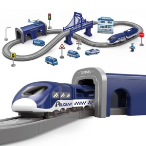 train sets for boys 4-7, 66 pcs battery operated train set with tracks(magnetic connection), compatible with thomas, brio, chuggington, gifts for 3 4 5 6 years old (66pcs police)