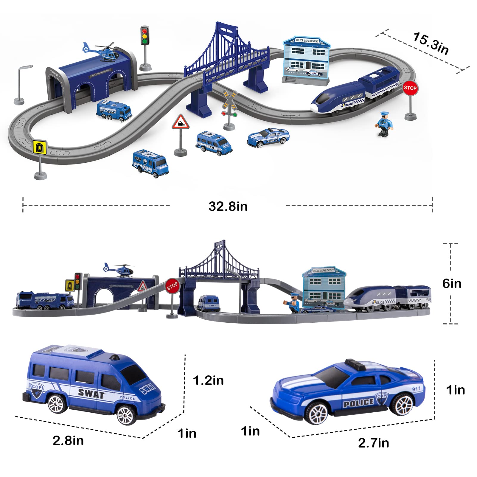 Train Sets for Boys 4-7, 66 Pcs Battery Operated Train Set with Tracks(Magnetic Connection), Compatible with Thomas, Brio, Chuggington, Gifts for 3 4 5 6 Years Old (66pcs Police)