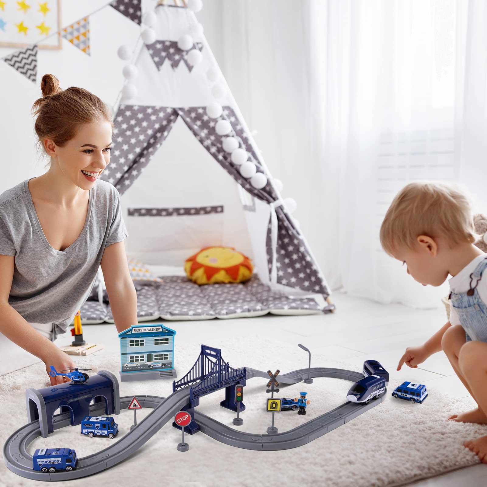 Train Sets for Boys 4-7, 66 Pcs Battery Operated Train Set with Tracks(Magnetic Connection), Compatible with Thomas, Brio, Chuggington, Gifts for 3 4 5 6 Years Old (66pcs Police)