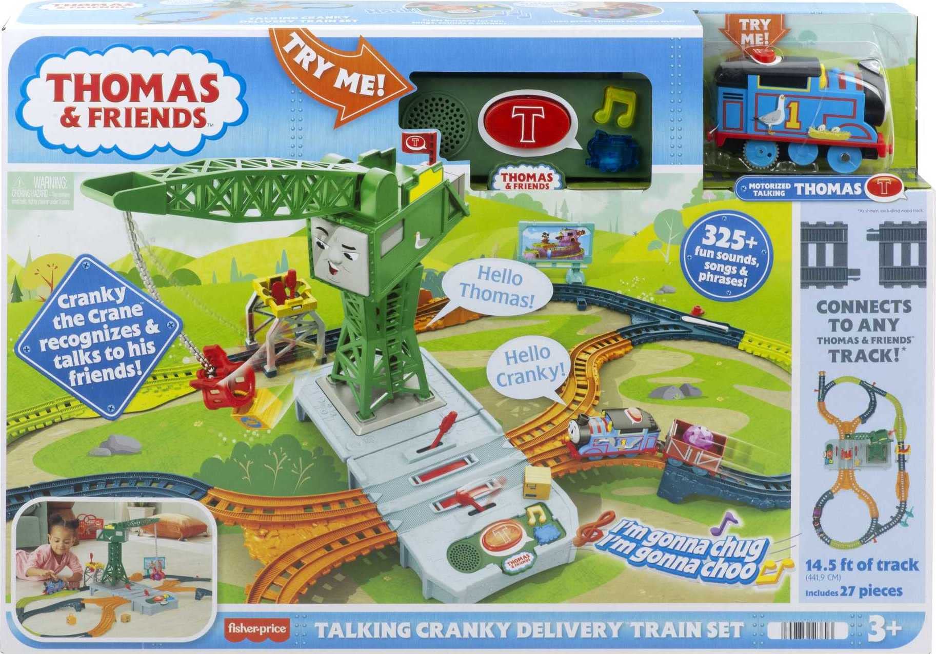 ​Thomas & Friends Motorized Toy Train Set, Talking Cranky Delivery with Track, Sounds & Phrases for Pretend Play Preschool Kids Ages 3+ Years