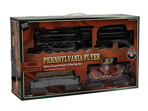 Lionel Battery-Operated Pennsylvania Flyer Freight Toy Train Set with Locomotive, Train Cars, Track & Remote with Authentic Train Sounds, & Lights for Kids 4+