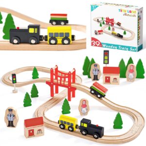 tiny land wooden train set for toddler - 39 pcs- with wooden tracks fits thomas, fits brio, fits chuggington, fits melissa and doug - expandable, changeable-train toy for 3 4 5 years old girls & boys