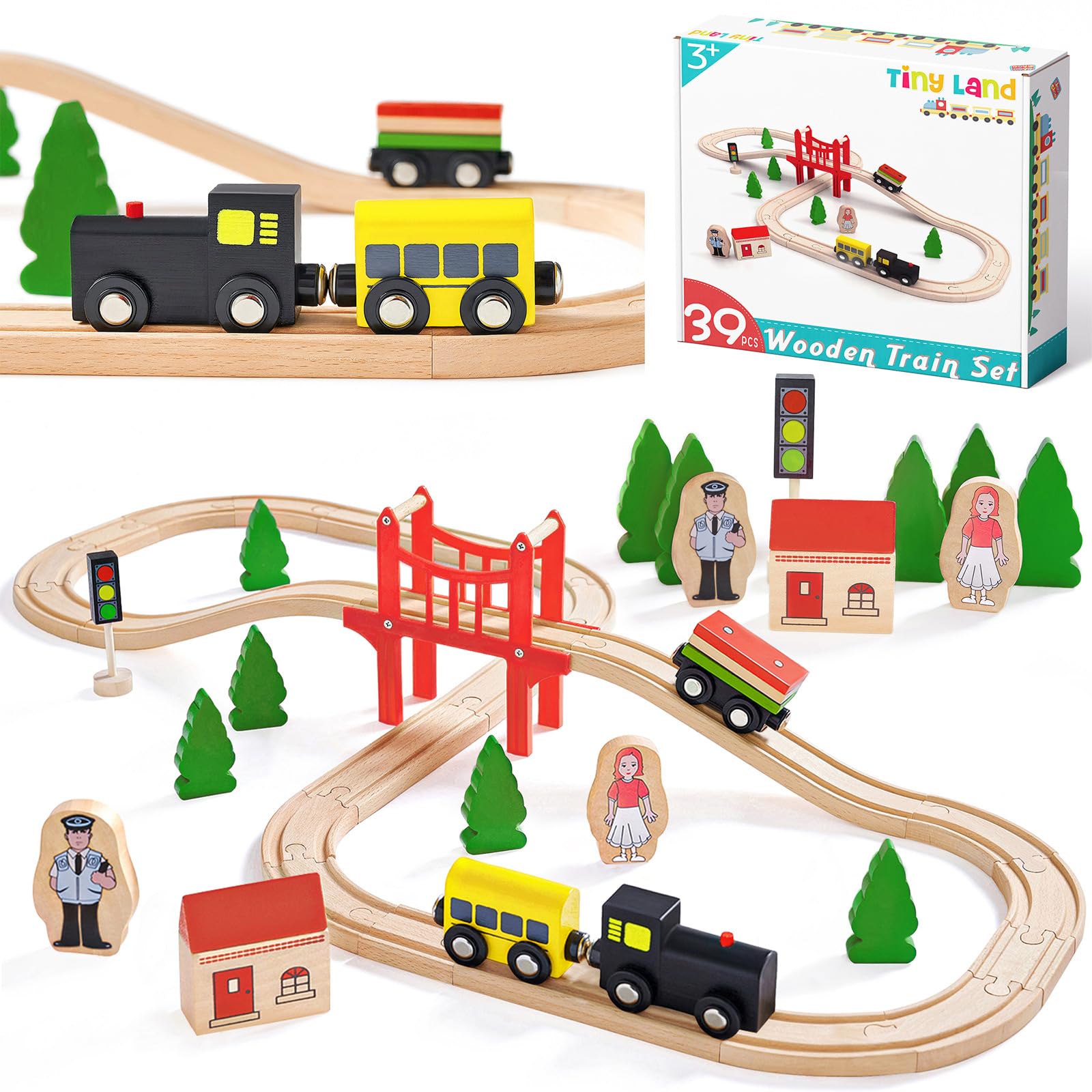 Tiny Land Wooden Train Set for Toddler - 39 Pcs- with Wooden Tracks fits Thomas, fits Brio, fits Chuggington, fits Melissa and Doug - Expandable, Changeable-Train Toy for 3 4 5 Years Old Girls & Boys