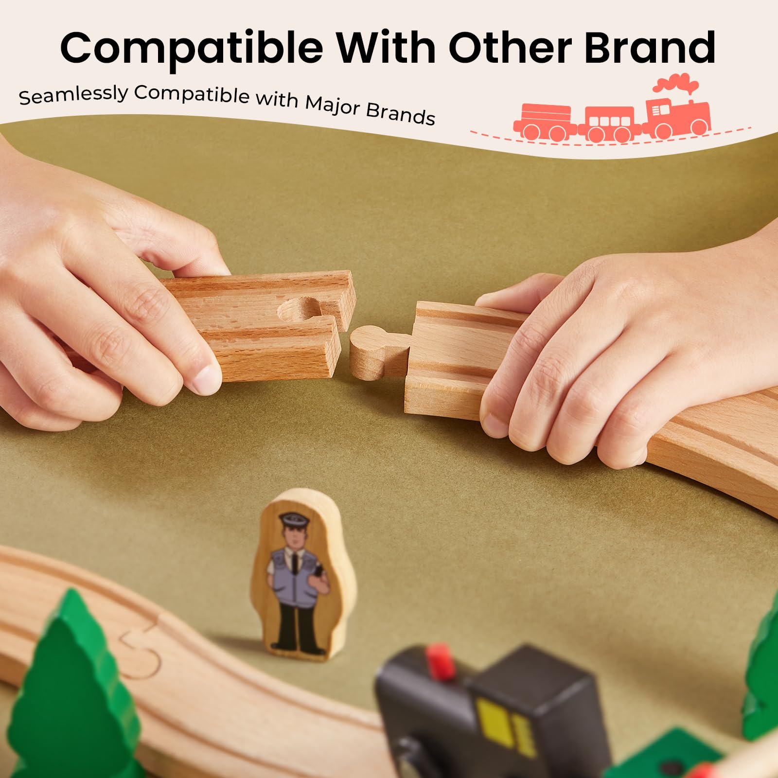 Tiny Land Wooden Train Set for Toddler - 39 Pcs- with Wooden Tracks fits Thomas, fits Brio, fits Chuggington, fits Melissa and Doug - Expandable, Changeable-Train Toy for 3 4 5 Years Old Girls & Boys