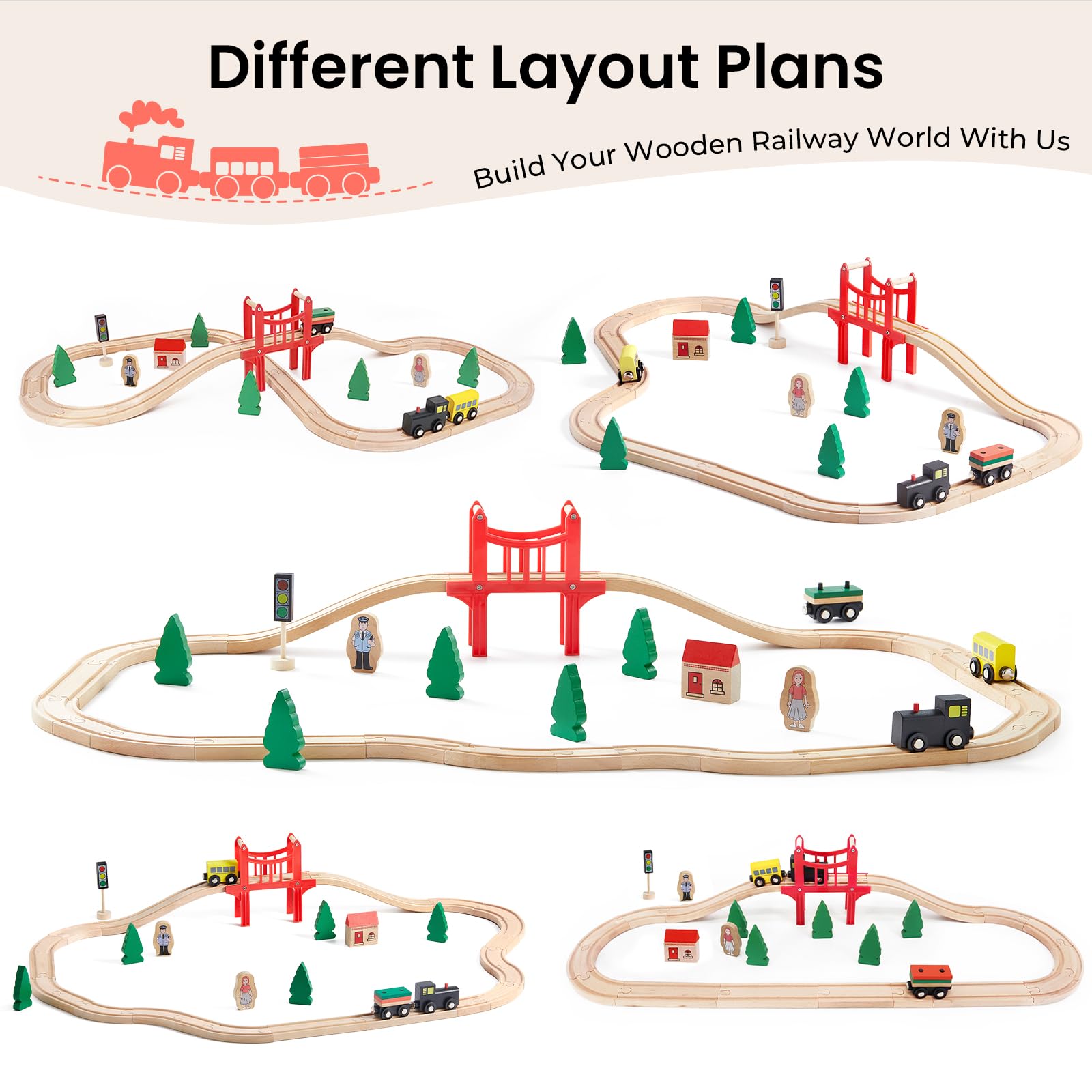 Tiny Land Wooden Train Set for Toddler - 39 Pcs- with Wooden Tracks fits Thomas, fits Brio, fits Chuggington, fits Melissa and Doug - Expandable, Changeable-Train Toy for 3 4 5 Years Old Girls & Boys