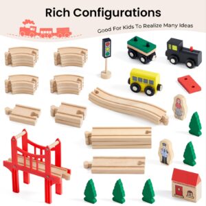 Tiny Land Wooden Train Set for Toddler - 39 Pcs- with Wooden Tracks fits Thomas, fits Brio, fits Chuggington, fits Melissa and Doug - Expandable, Changeable-Train Toy for 3 4 5 Years Old Girls & Boys