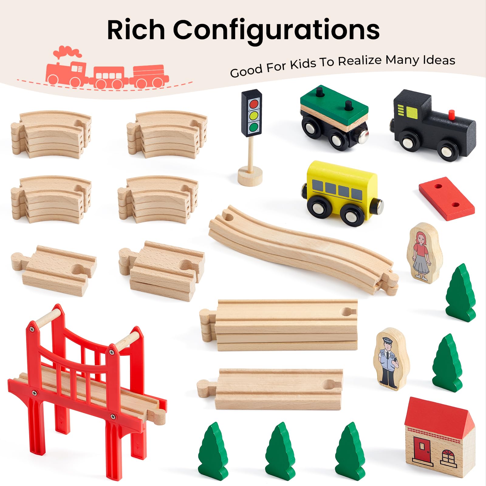 Tiny Land Wooden Train Set for Toddler - 39 Pcs- with Wooden Tracks fits Thomas, fits Brio, fits Chuggington, fits Melissa and Doug - Expandable, Changeable-Train Toy for 3 4 5 Years Old Girls & Boys