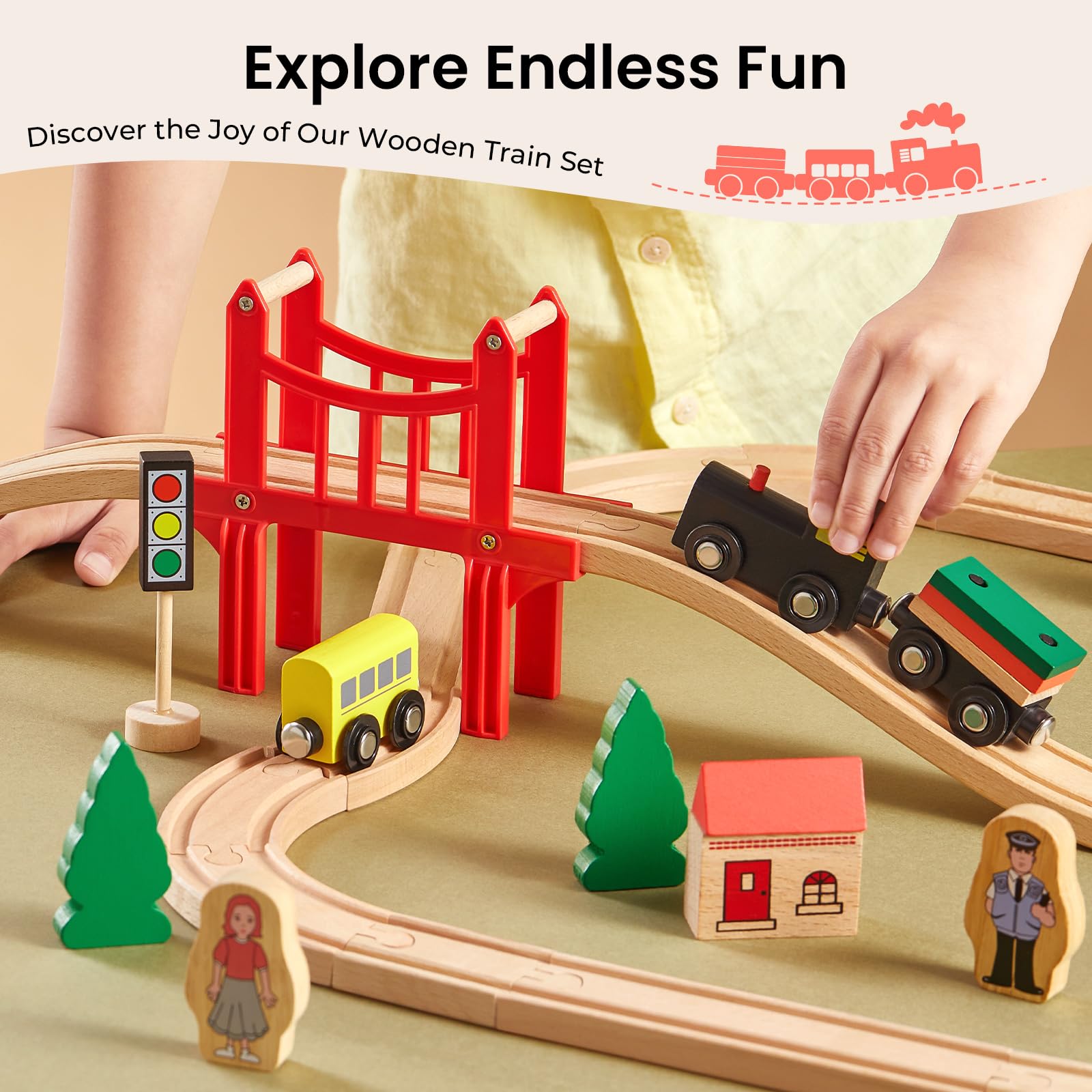 Tiny Land Wooden Train Set for Toddler - 39 Pcs- with Wooden Tracks fits Thomas, fits Brio, fits Chuggington, fits Melissa and Doug - Expandable, Changeable-Train Toy for 3 4 5 Years Old Girls & Boys