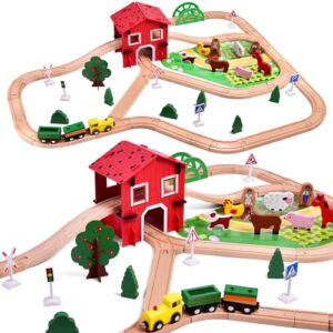 FUN LITTLE TOYS 77PCS Wooden Train Set Toy Train for Boys & Girls with Wood Train Track Fits Major Brand, Wooden Farm Play Set for Kids Wooden Toys