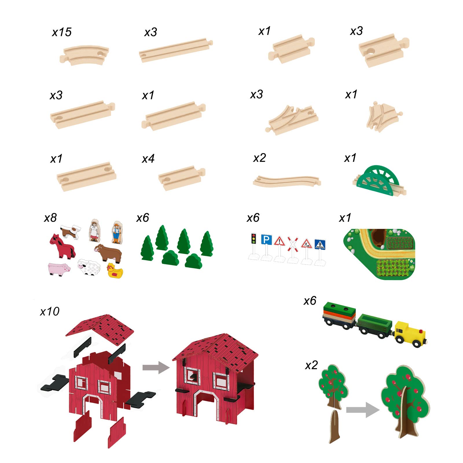 FUN LITTLE TOYS 77PCS Wooden Train Set Toy Train for Boys & Girls with Wood Train Track Fits Major Brand, Wooden Farm Play Set for Kids Wooden Toys