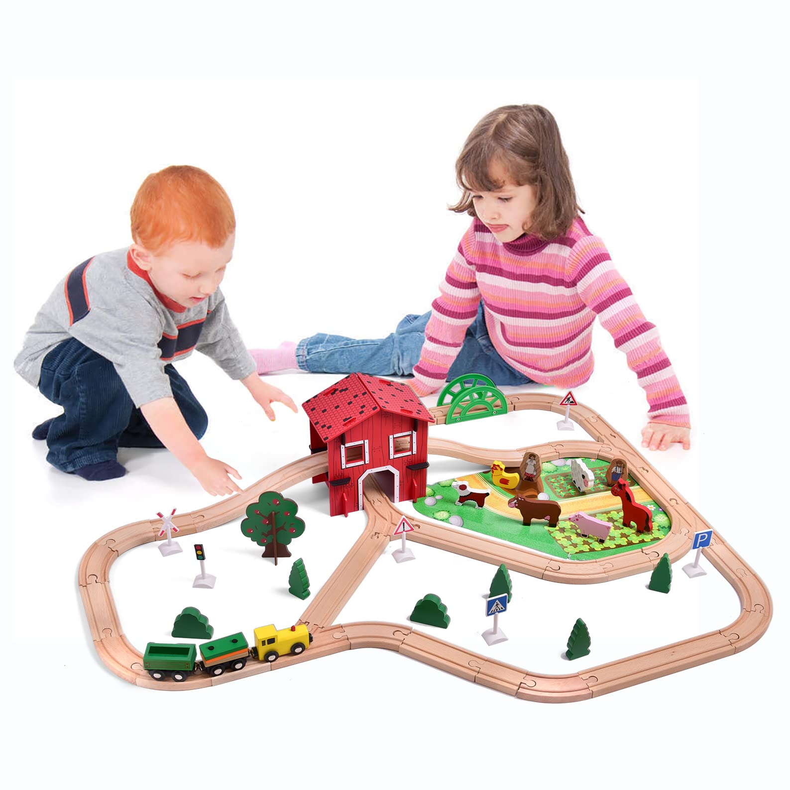 FUN LITTLE TOYS 77PCS Wooden Train Set Toy Train for Boys & Girls with Wood Train Track Fits Major Brand, Wooden Farm Play Set for Kids Wooden Toys