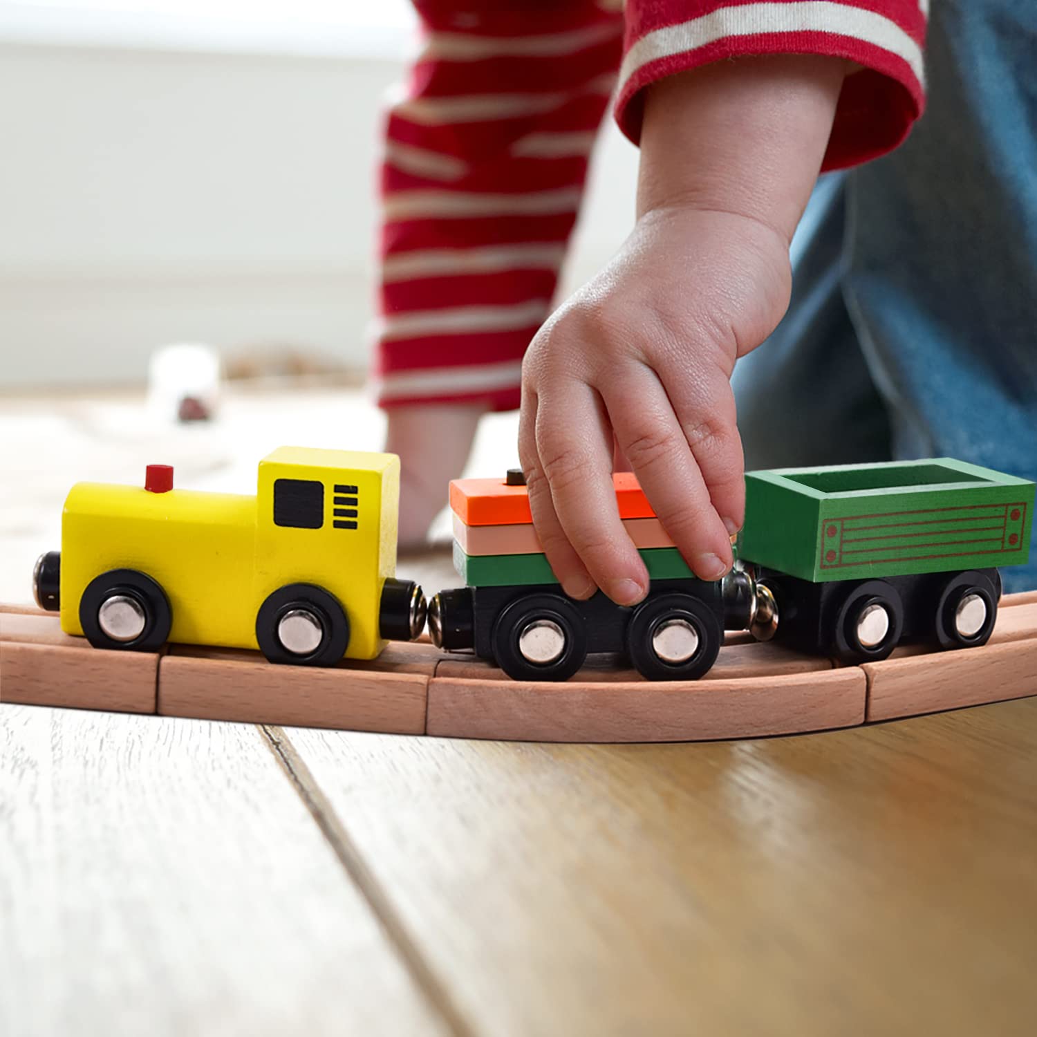 FUN LITTLE TOYS 77PCS Wooden Train Set Toy Train for Boys & Girls with Wood Train Track Fits Major Brand, Wooden Farm Play Set for Kids Wooden Toys