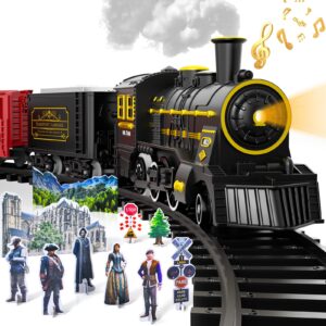 lucky doug christmas train set toys for kids, electric toy train set w/smokes, light & sound include 4 cars and 14 tracks, train set toys