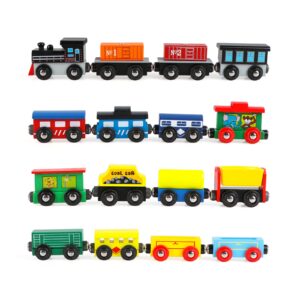 wondertoys wooden train set 16 pcs train toys magnetic set includes storage bag - wooden train track accessories - wooden magnetic train set for toddlers kids boys and girls