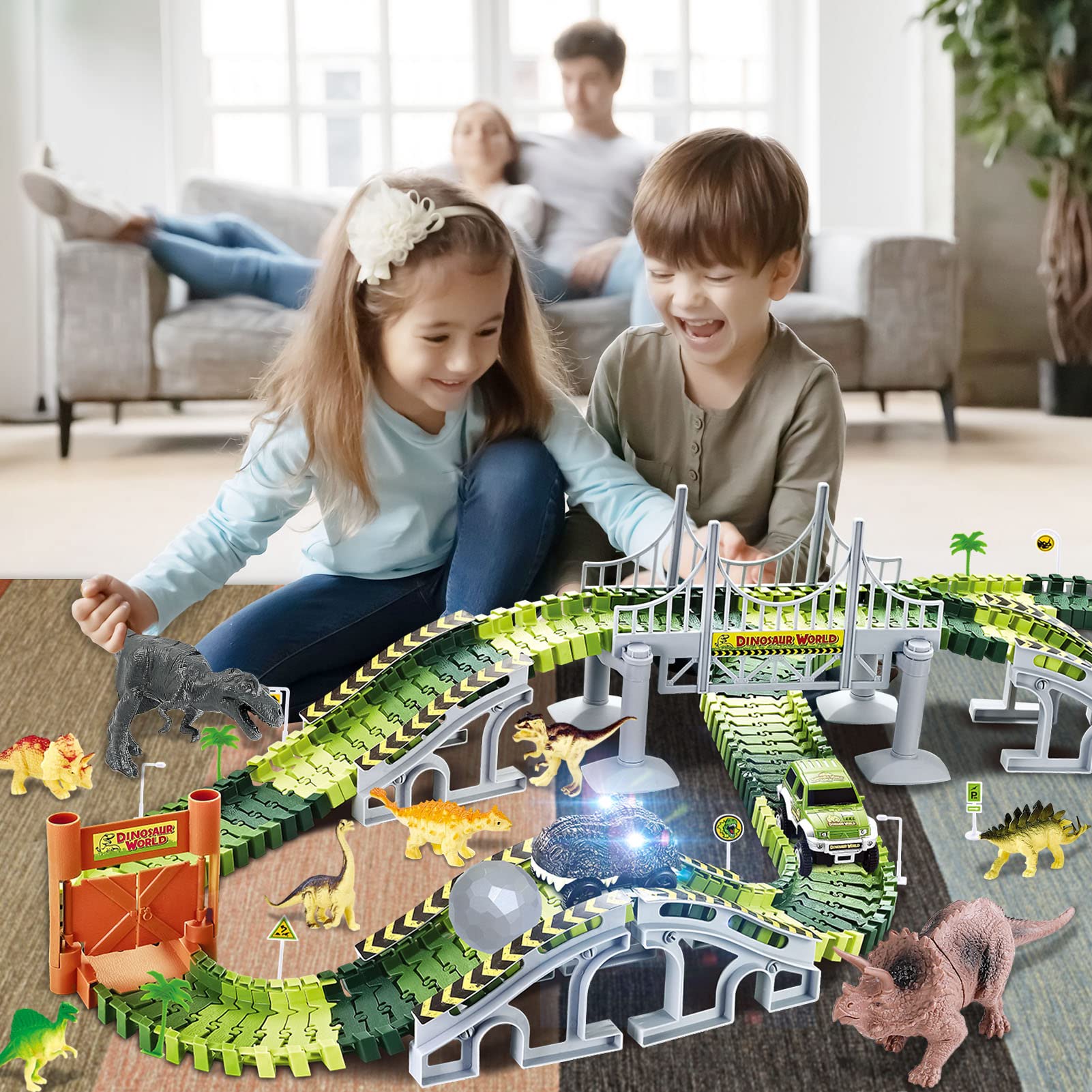 Dinosaur Toys, Create A Dinosaur World Road Race Glow in The Dark Car Race Cars for Boys & Girls Ages 3 4 5 6 7, Flexible Train Tracks Set with for Kids Christmas Birthday Gifts