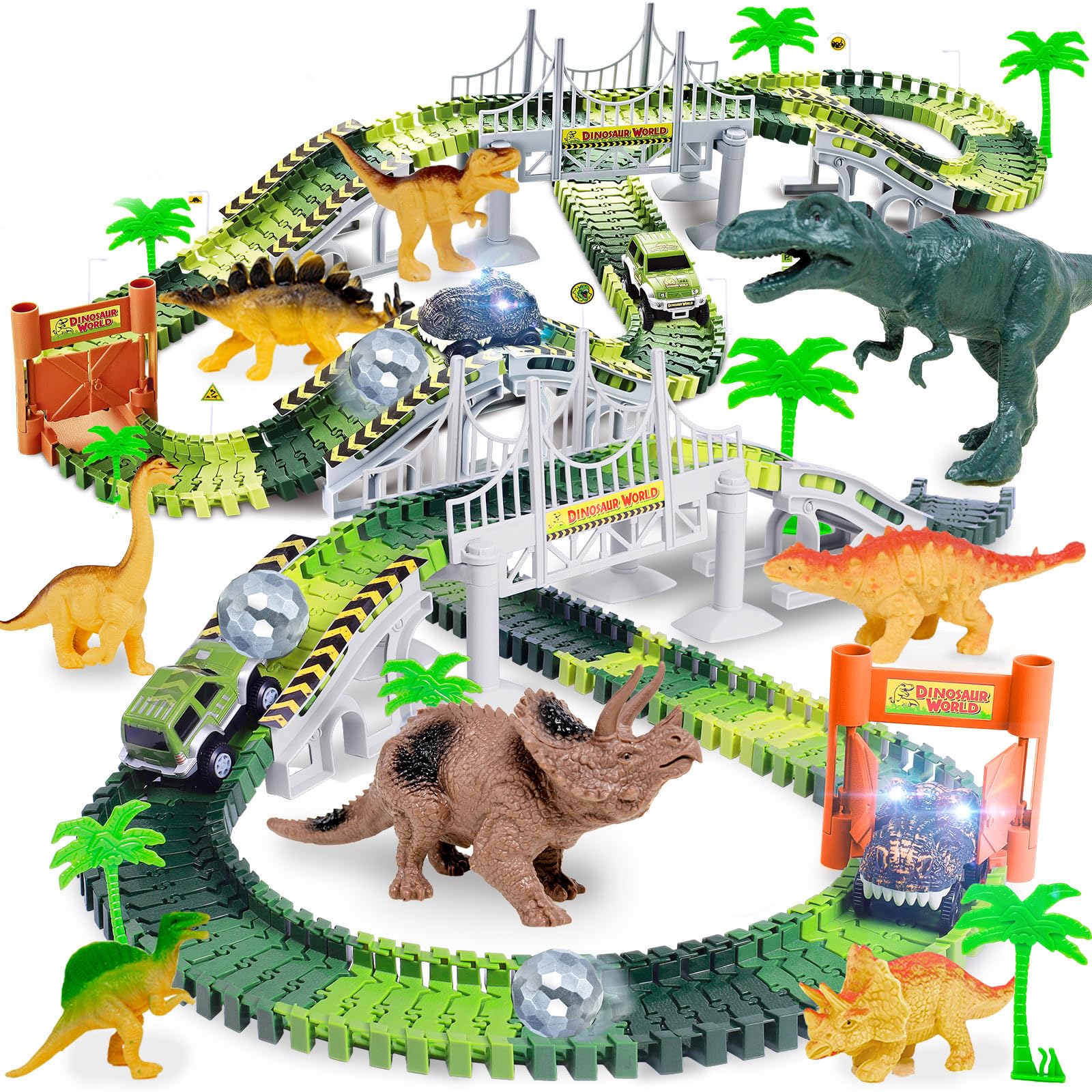 Dinosaur Toys, Create A Dinosaur World Road Race Glow in The Dark Car Race Cars for Boys & Girls Ages 3 4 5 6 7, Flexible Train Tracks Set with for Kids Christmas Birthday Gifts