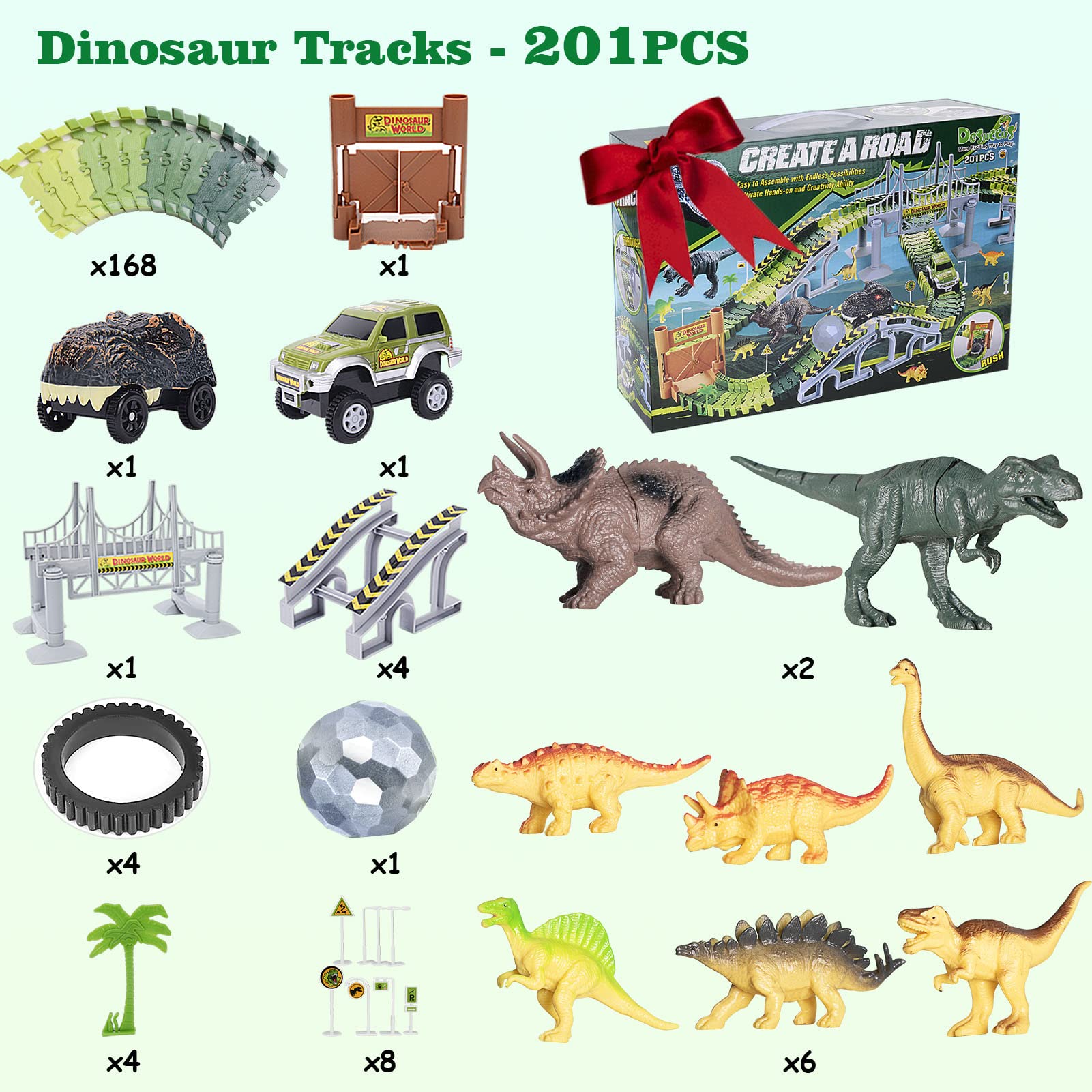 Dinosaur Toys, Create A Dinosaur World Road Race Glow in The Dark Car Race Cars for Boys & Girls Ages 3 4 5 6 7, Flexible Train Tracks Set with for Kids Christmas Birthday Gifts