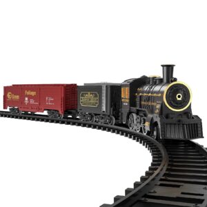 electric rechargeable train toy with steam engine for kids 3 4 5 6 7+ years old, model train set, light and sounds for boys & girls