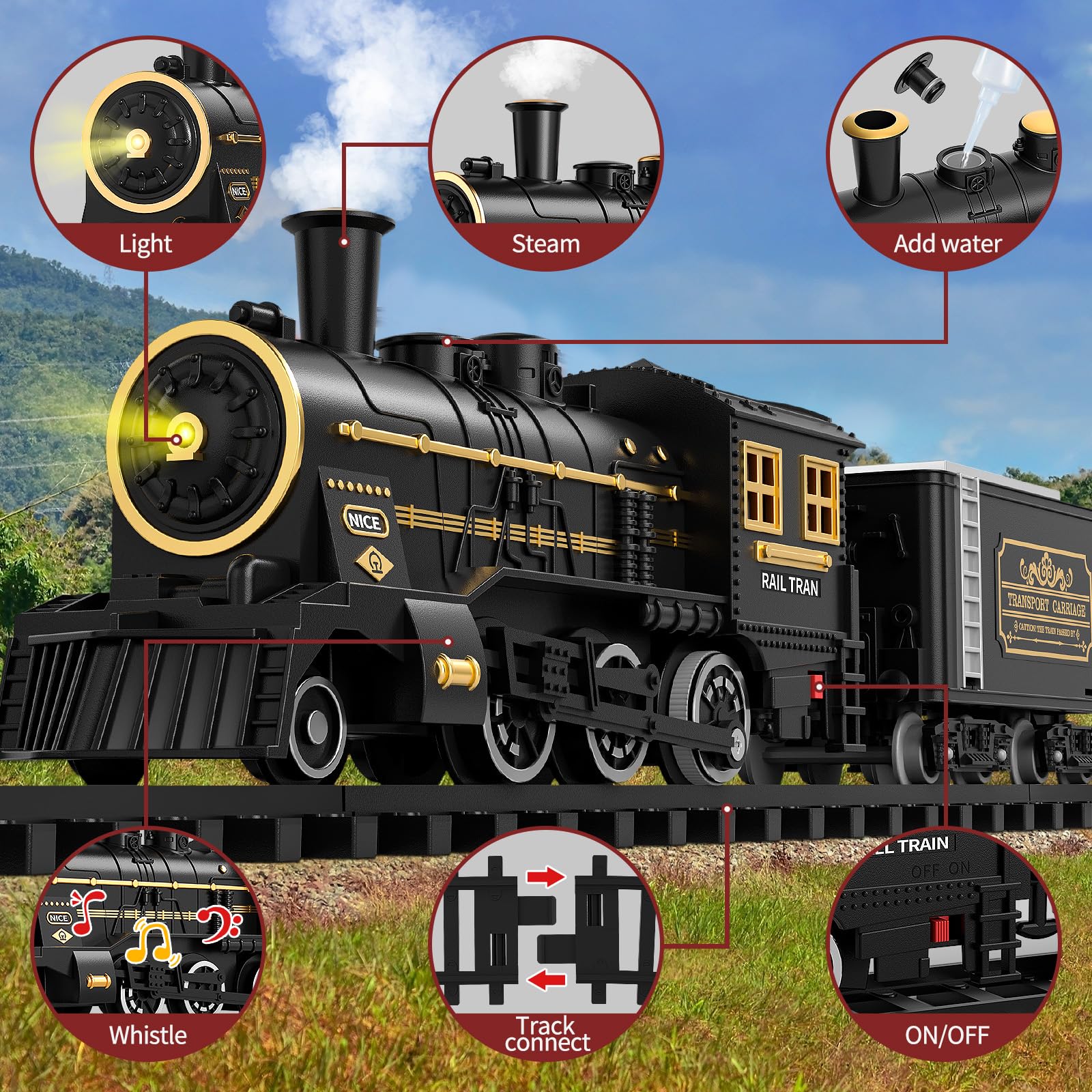 Electric Rechargeable Train Toy with Steam Engine for Kids 3 4 5 6 7+ Years Old, Model Train Set, Light and Sounds for Boys & Girls