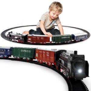 deao christmas train set toys for kids, toy train track locomotive engine battery powered railway kits with road signs and tracks birthday gifts for age 3 4 5 6 7