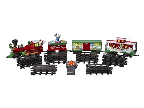 Lionel Battery-Operated Disney Mickey Mouse Express Toy Train Set with Locomotive, Train Cars, Track & Remote with Authentic Train Sounds, & Lights for Kids 4+