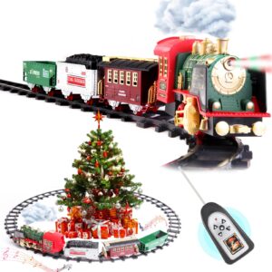 Train Set for Christmas Tree, Updated Chargeable Remote Control Electric Train Toy for Boys Girls w/Smokes, Lights & Sound, Railway Kits w/Steam Locomotive Engine, for 2 3 4 5 6 7 8+ Year Old Kids