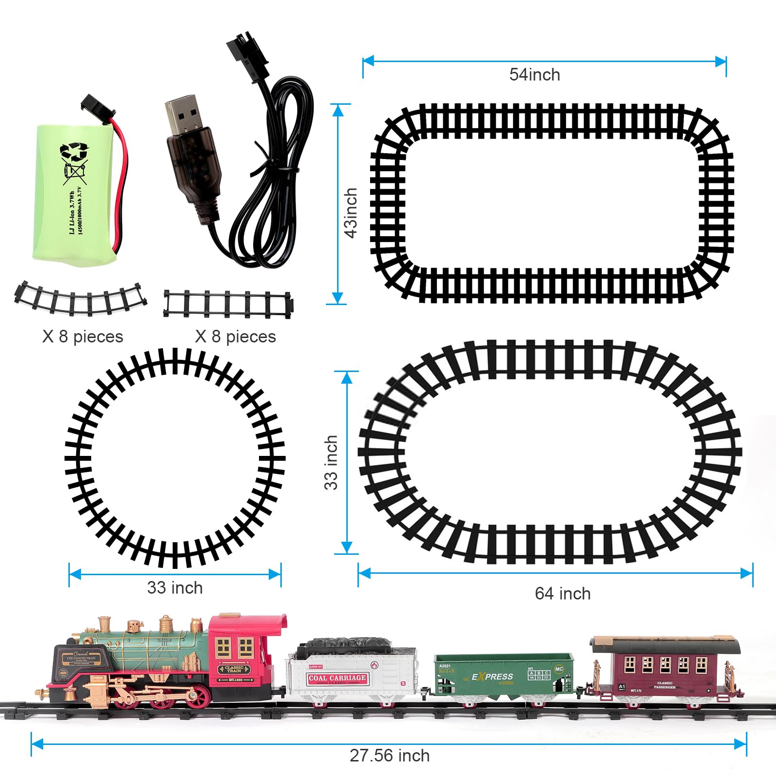 Train Set for Christmas Tree, Updated Chargeable Remote Control Electric Train Toy for Boys Girls w/Smokes, Lights & Sound, Railway Kits w/Steam Locomotive Engine, for 2 3 4 5 6 7 8+ Year Old Kids