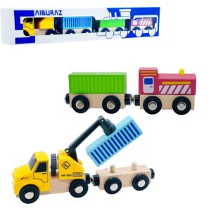 wooden trains cars with crane magnetic train toys for wooden train tracks train sets for toddlers and kids ages 3+ (crane train)