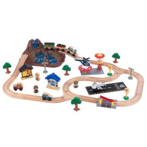 kidkraft bucket top mountain train set with 61 pieces, magnetic train, wooden tracks and storage, gift for ages 3+