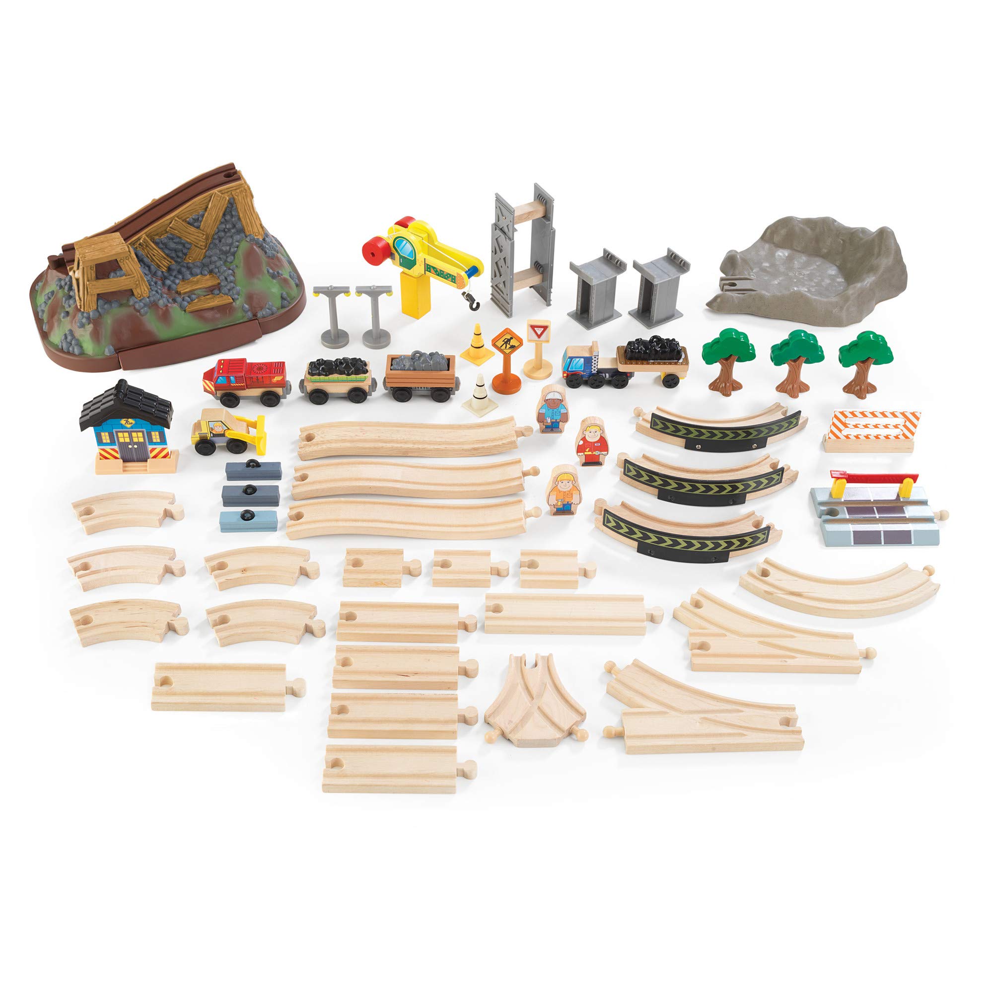 KidKraft Bucket Top Construction Wooden Train Set with Bulldozer, Working Crane, Tracks, Storage and 61 Play Pieces, Gift for Ages 3+