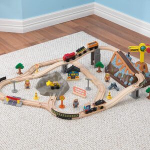 KidKraft Bucket Top Construction Wooden Train Set with Bulldozer, Working Crane, Tracks, Storage and 61 Play Pieces, Gift for Ages 3+