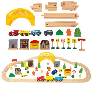 60pcs train set for 3 year old boys, double-side wooden train set tracks for toddlers, fits brio, thomas, melissa and doug, kids wood train toys for 3 4 5 year old boys and girls (yellow)