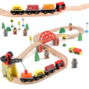 qilay wooden train set for toddler - 39 pcs wooden train tracks with crane, bridge & 5 wooden trains - train toys for 3,4,5 year old boys & girls - fit all major bands train tracks set