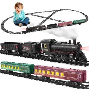 rogalaly train set for kids, steam locomotive train w/coal car,passenger coach,cargo car & long tracks,electric train railway kits w/smoke,lights & sound,battery-powered train toys gift for boys girls