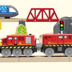 Wooden Train Track Accessories Battery Operated Locomotive Train, Motorized Train for Toddlers with Magnetic Connection, Powerful Engine Train Vehicles (Red Battery Operated Train with Lights)