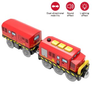 Wooden Train Track Accessories Battery Operated Locomotive Train, Motorized Train for Toddlers with Magnetic Connection, Powerful Engine Train Vehicles (Red Battery Operated Train with Lights)